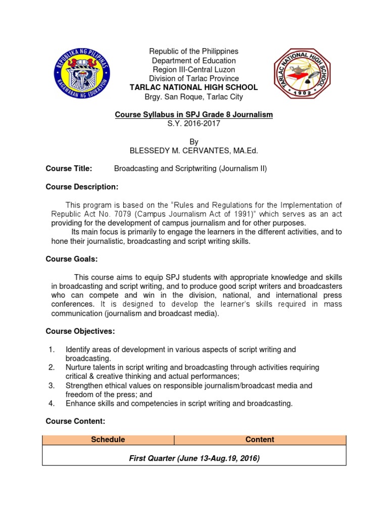 Course Syllabus for Broadcasting and Scriptwriting (Journalism II) at ...