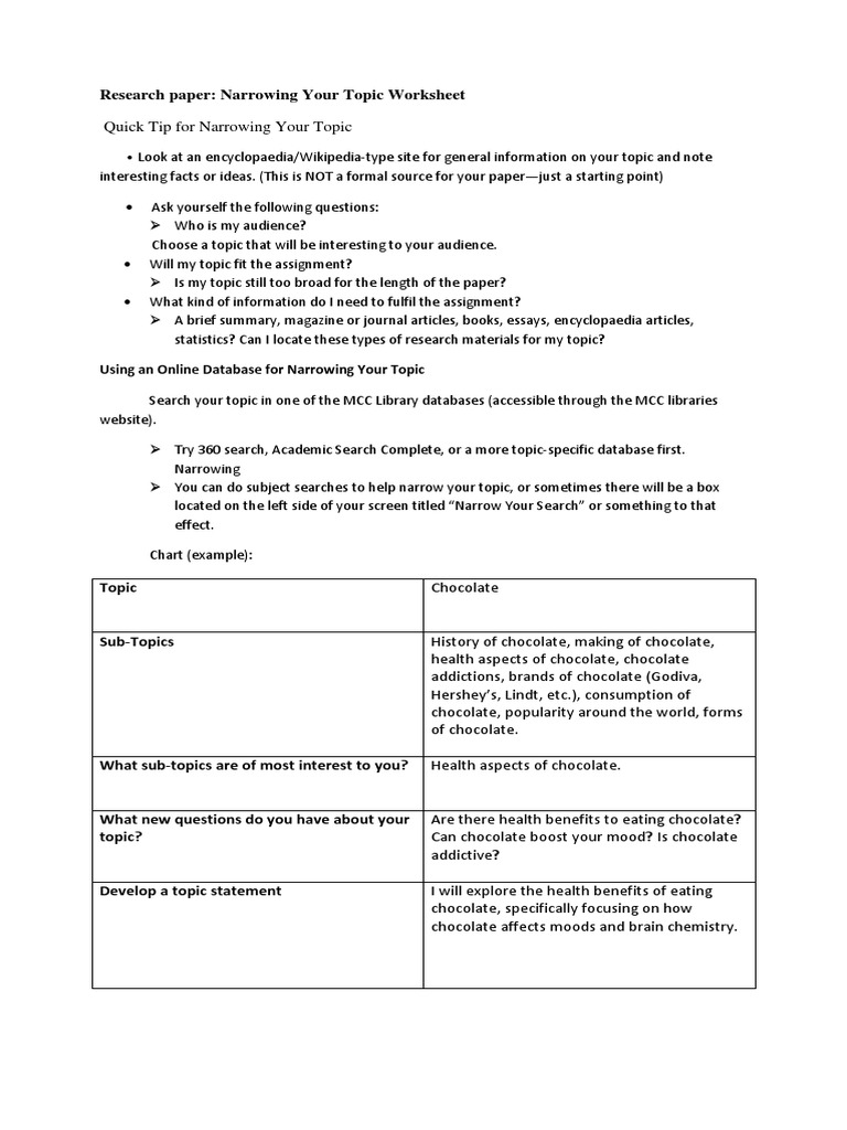 Narrowing Your Topic Worksheet | PDF | Chocolate | Databases