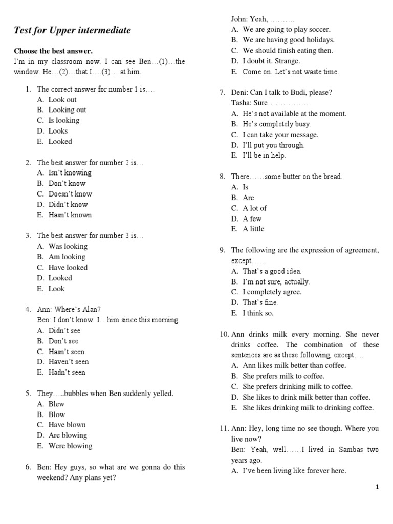 Upper Intermediate English Test PDF | PDF