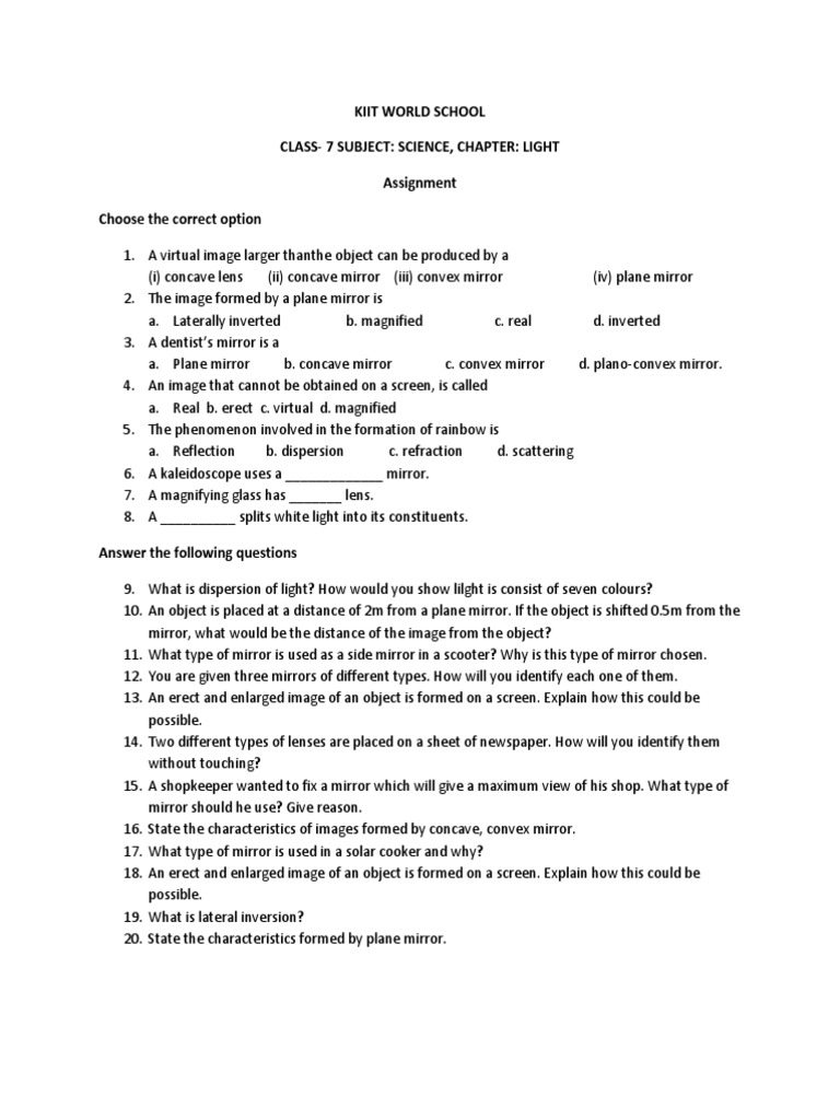 Kiit World School Class-7 Subject: Science, Chapter: Light Assignment ...