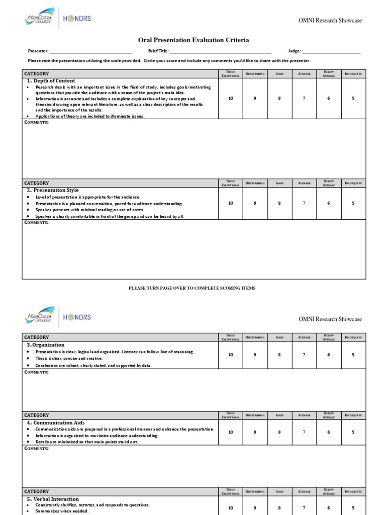 Oral Presentation Evaluation Criteria: 1. Depth of Content | PDF ...