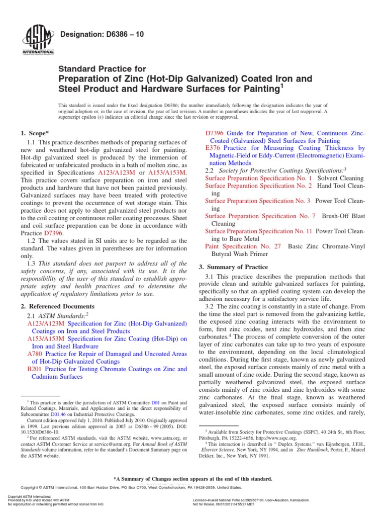 Preparation of Zinc (Hot-Dip Galvanized) Coated Iron and Steel Product and Hardware Surfaces For ...