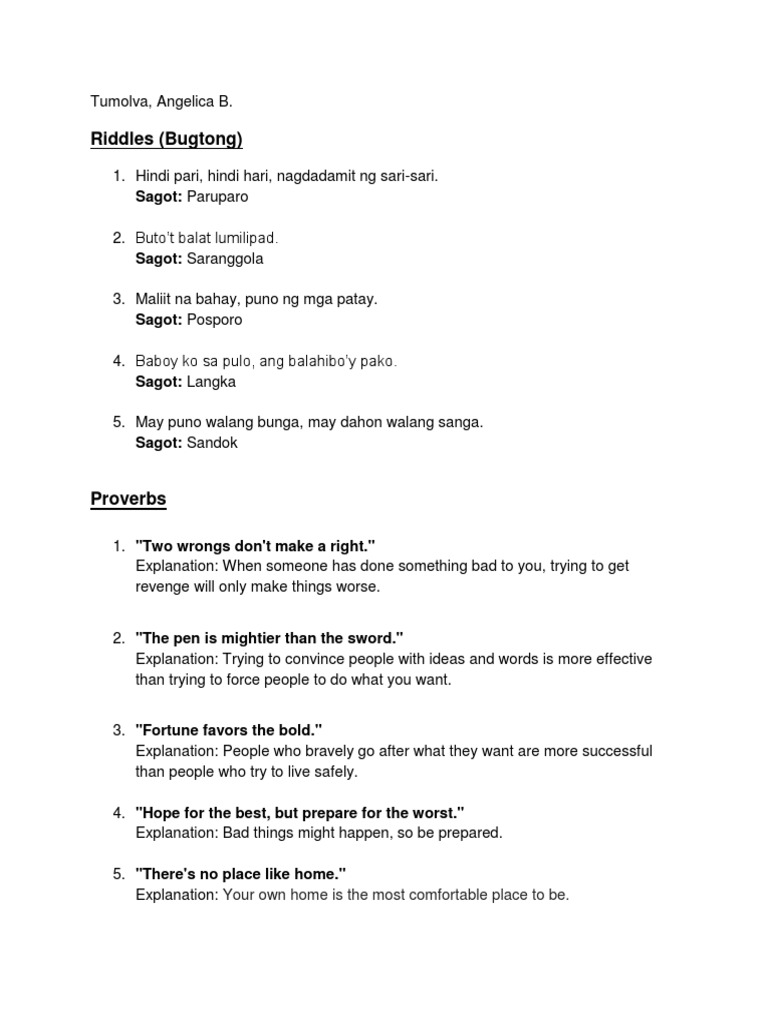 Riddles (Bugtong) : Sagot: Paruparo | PDF