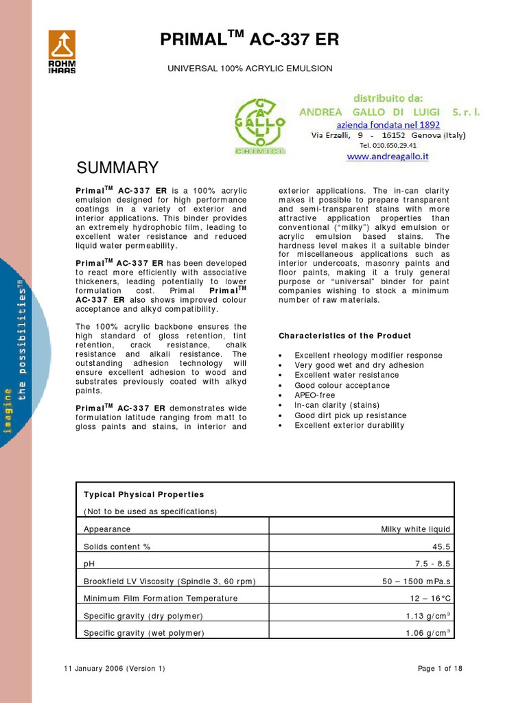 Primal Ac337 Emulsione Acrilica 890029 Tds | Download Free PDF ...