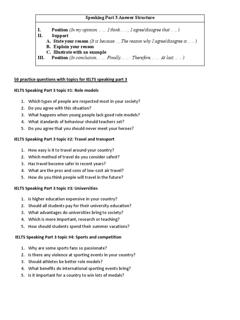 50 Practice Questions With Topics For IELTS Speaking Part 3 | PDF ...