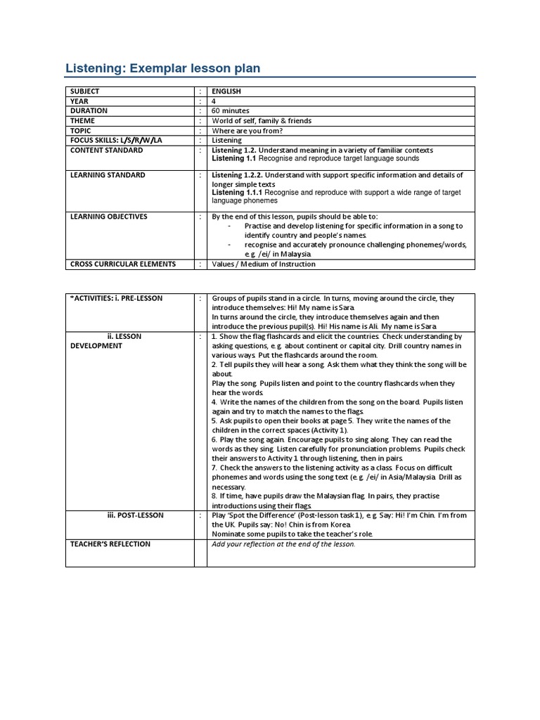 Listening: Exemplar Lesson Plan: Listening 1.1 Recognise and Reproduce ...