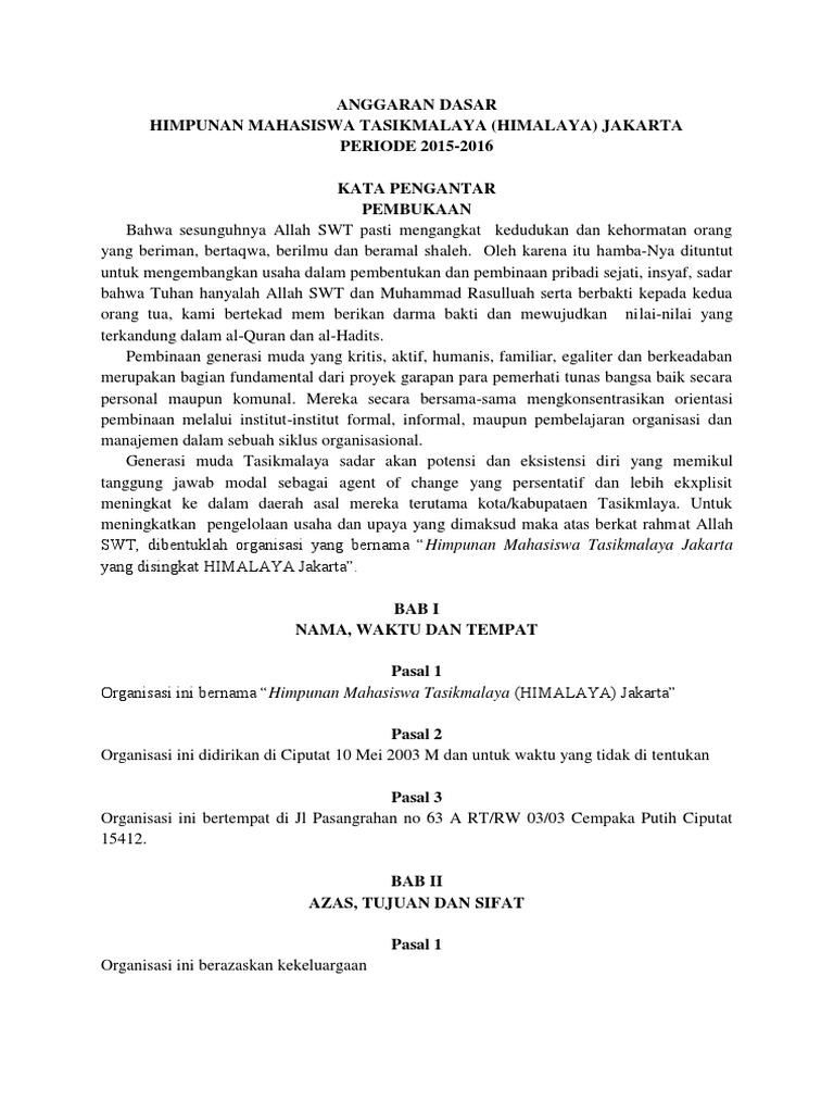 Contoh Anggaran Dasar Anggaran Rumah Tangga Organisasi | PDF