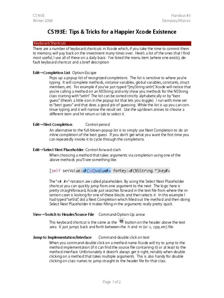 Cs193e Tips And Tricks For A Happier Xcode Existence Keyboard Shortcuts Pdf Keyboard 