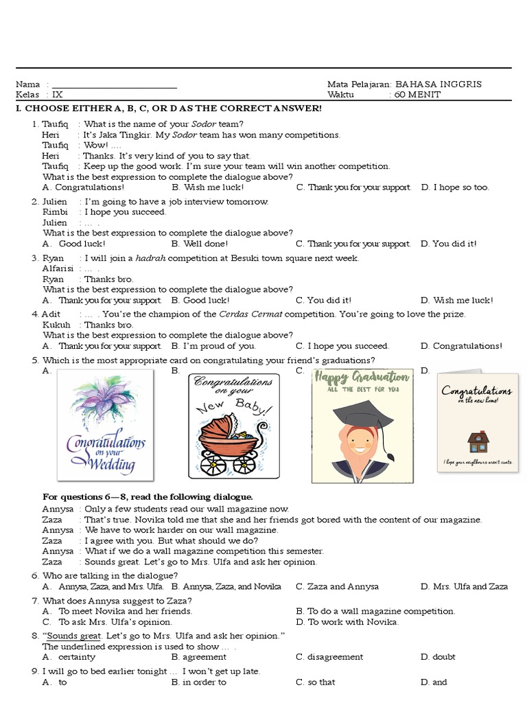 Soal Bahasa Inggris Congratulations, Expressions Agreement | PDF