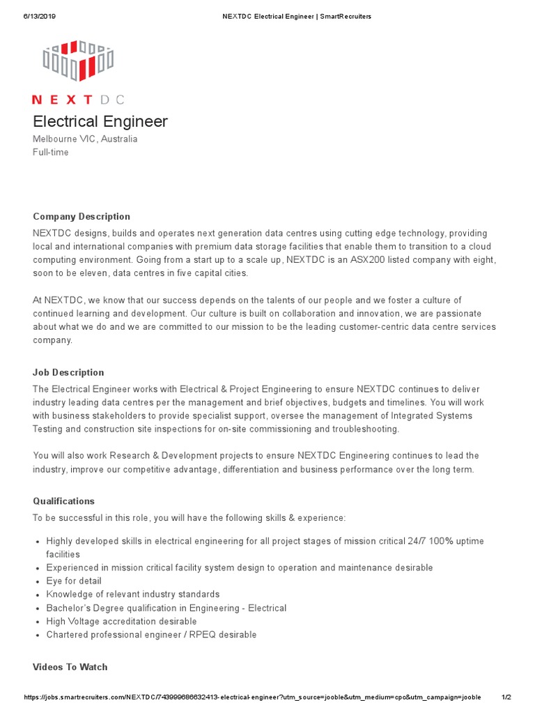 NEXTDC Electrical Engineer - SmartRecruiters | PDF | Data Center ...