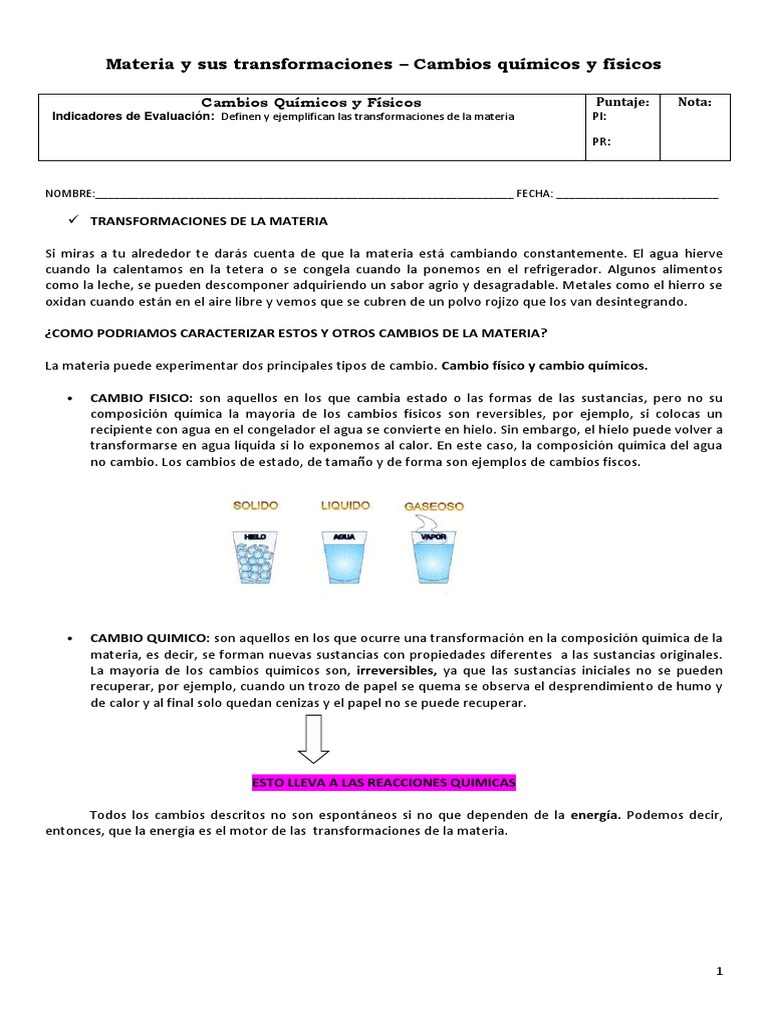 Guía Química de Cambios Físicos y Quimicos | PDF | Importar | Agua