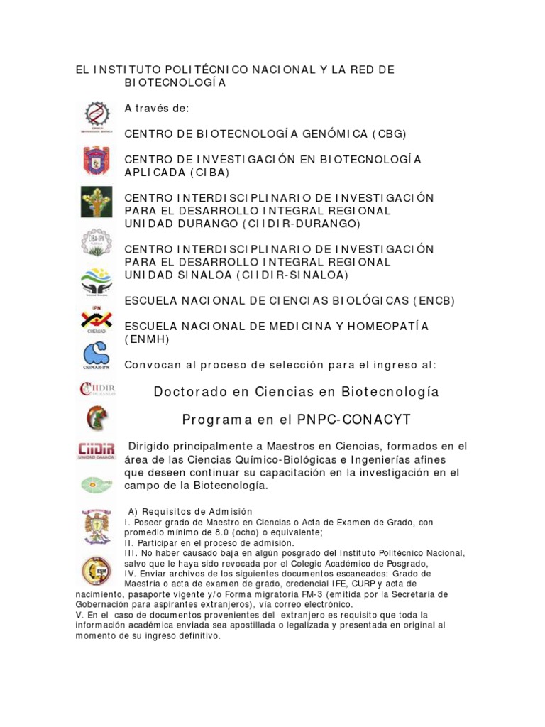 Doctorado Biotecnologia CIBA-IPN | PDF | Biotecnología | Doctorado