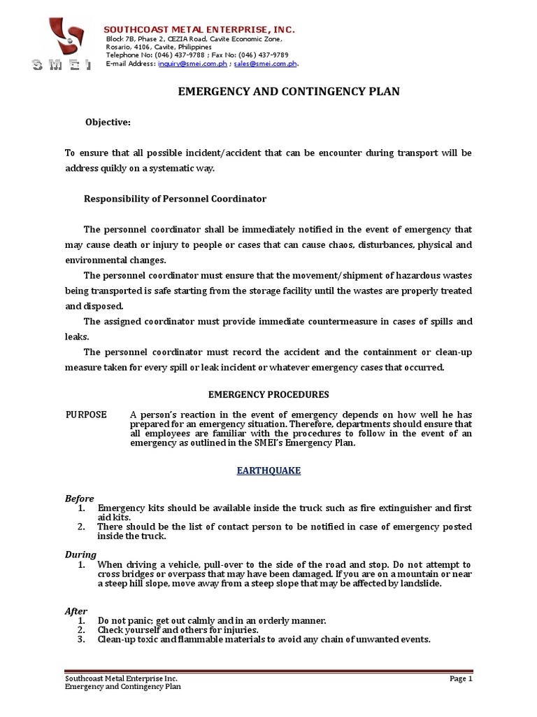 Emergency and Contingency Plan: Objective | PDF | Emergency | Emergency ...