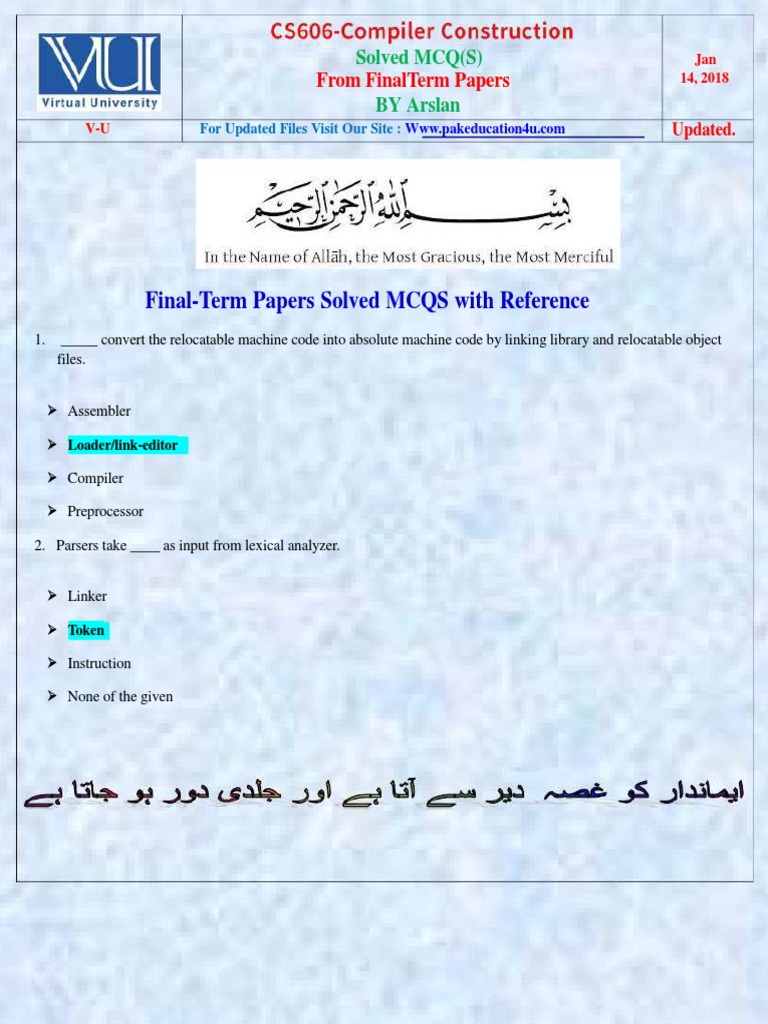 CS606 FinalTerm MCQs With Reference Solved by Arslan | PDF | Parsing | Software Development