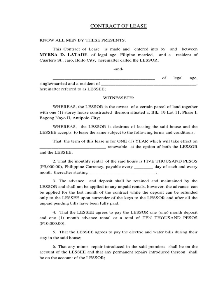Contract of Lease: MYRNA D. LATADE, of Legal Age, Filipino Married, and ...