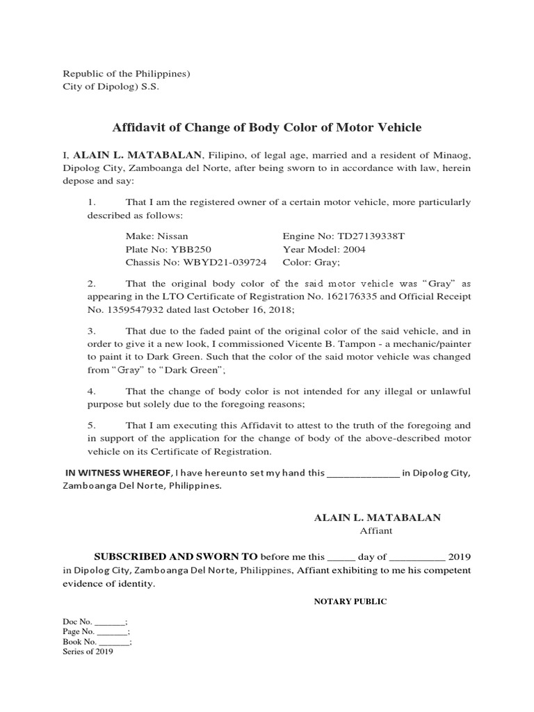 Affidavit of Change of Body Color of Motor Vehicle | PDF