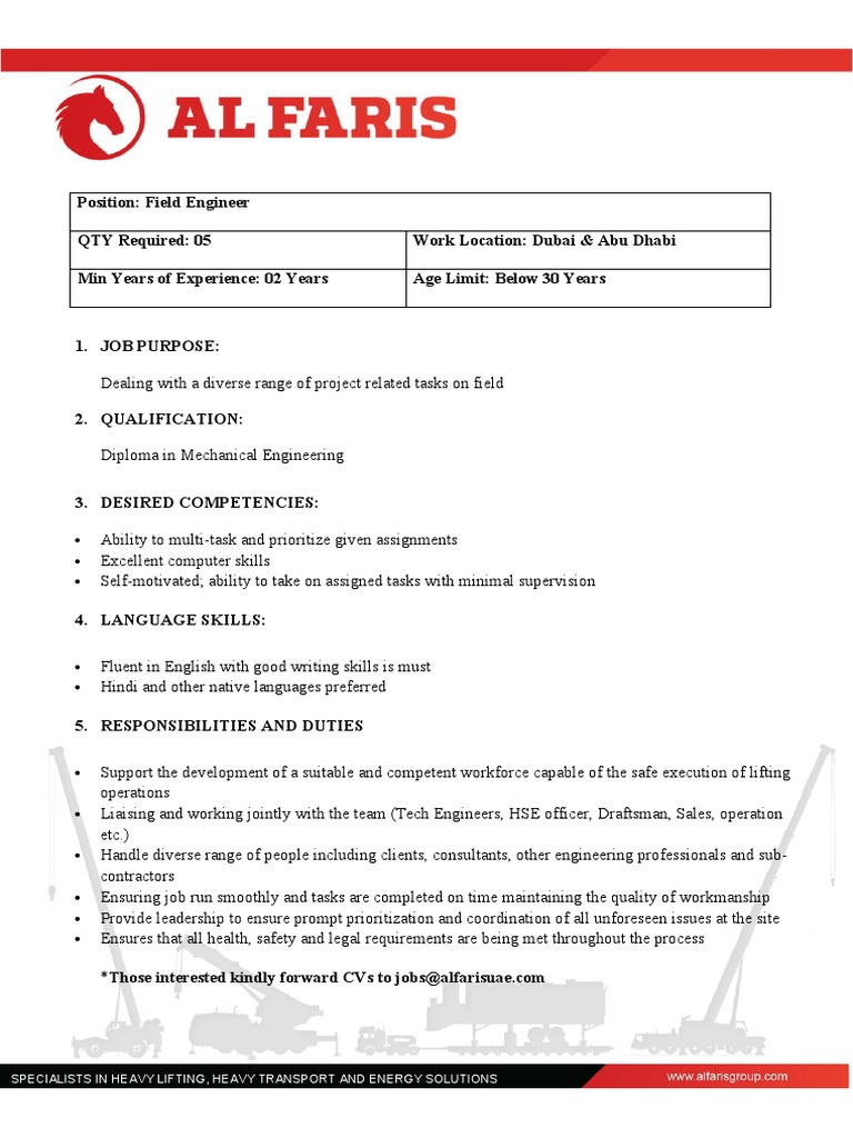 Field Engineer Job Description - Requirements for 05 Positions in Dubai ...