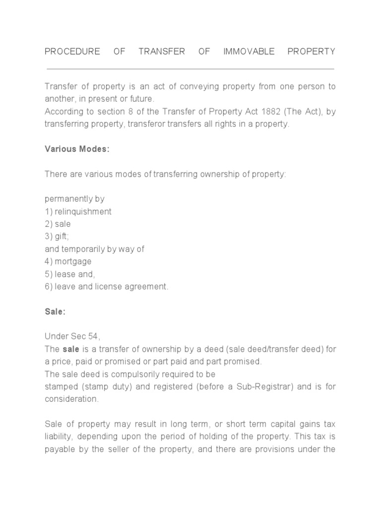 Procedure of Transfer of Immovable Property | PDF | Mortgage Law | Lease