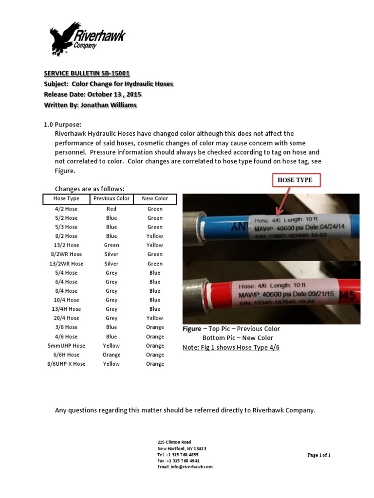 Service Bulletin SB 15001 Subject: Color Change For Hydraulic Hoses ...
