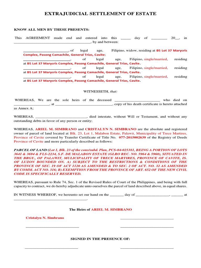 Extrajudicial Settlement of Estate: Know All Men by These Presents ...