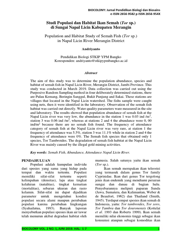 Population and Habitat Study of Semah Fish in Merangin River | PDF ...