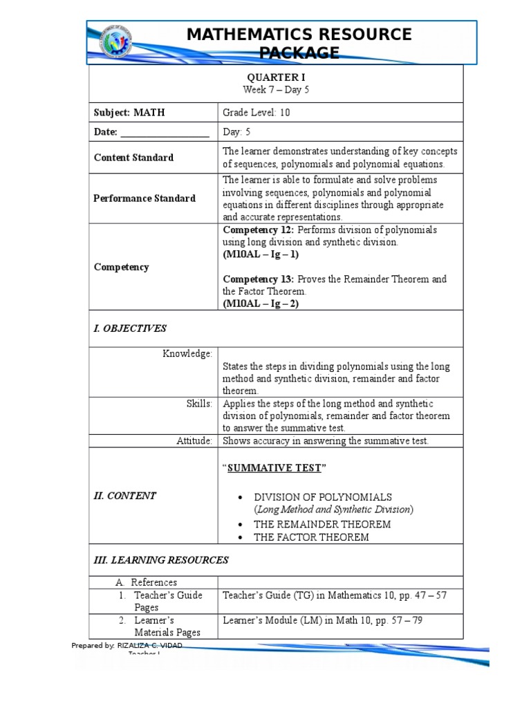 Mathematics Resource Package: Quarter I Subject: MATH Date: - Content ...