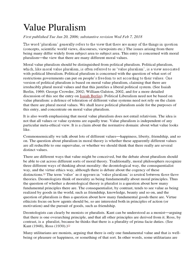 vALUE PLURALISM | PDF | Utilitarianism | Good And Evil