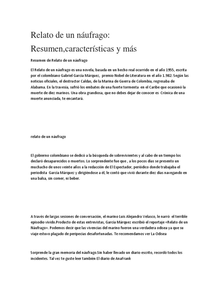 Resúmen Del Relato de Una Náufrago | PDF | Gabriel García Márquez | Pescado