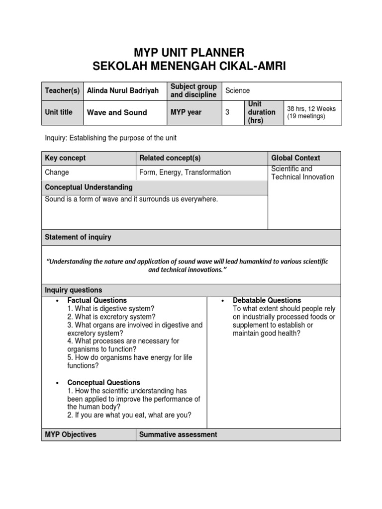 Myp Unit Planner y8 Term 2 | Experiment | Science