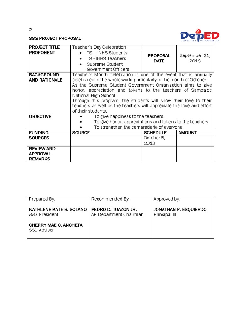 SSG Project Proposal - Teacher's Day | PDF | Behavior Modification | Learning