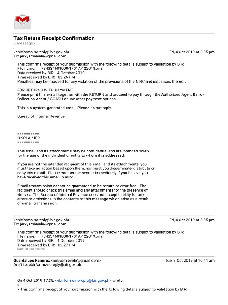 Tax Return Receipt Confirmation: 3 Messages | PDF | Payments | Taxes