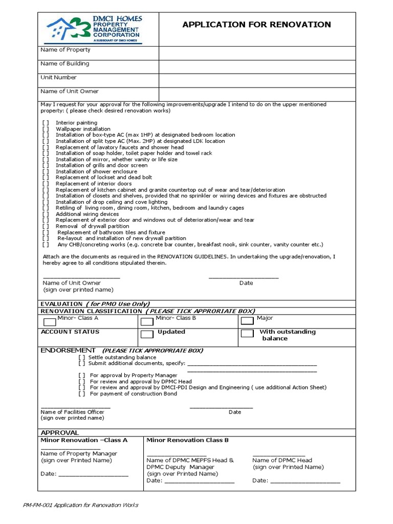 Renovation Application Form PM-FM-001 | PDF | Countertop | Building ...