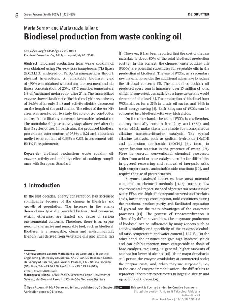 (Green Processing and Synthesis) Biodiesel Production From Waste ...