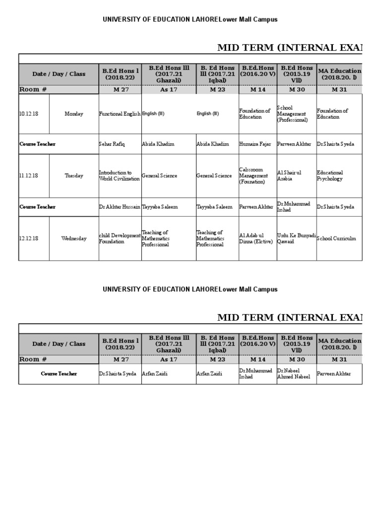 Mid Term Date Sheet All | PDF | Learning | Cognition