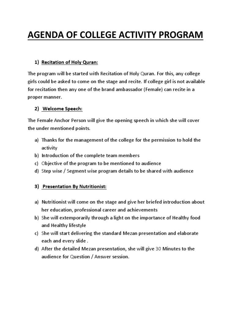 Agenda of College Activity Program | PDF | Cooking Oil | Food And Drink