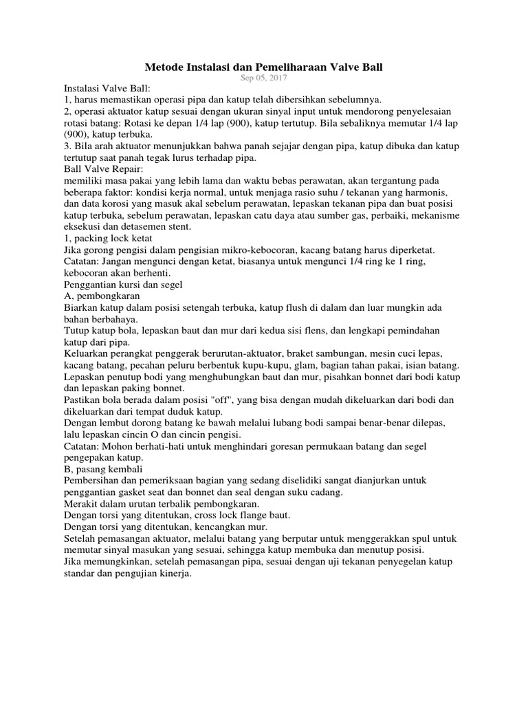 Metode Instalasi Dan Pemeliharaan Valve Ball | PDF