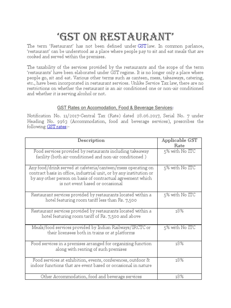 GST ON Restaurant | PDF | Value Added Tax | Restaurants