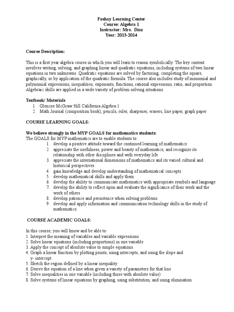 Algebra 1 Course Overview and Goals | PDF | Equations | Quadratic Equation