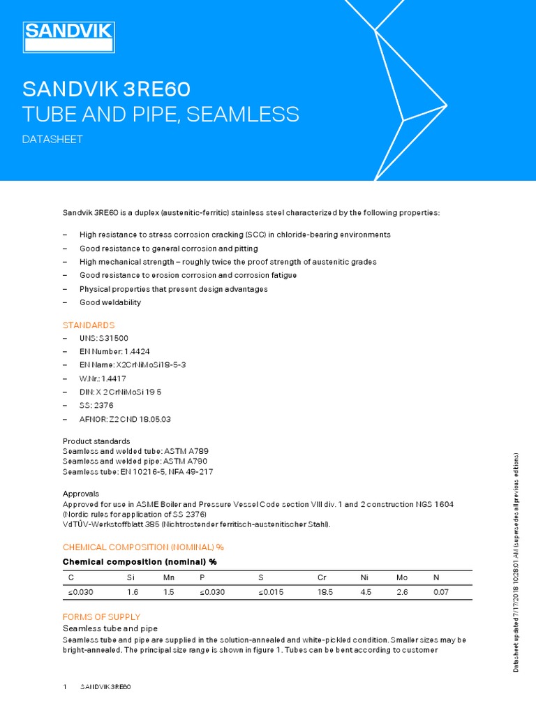 Sandvik 3re60 Tube and Pipe, Seamless: Datasheet | PDF | Heat Treating ...