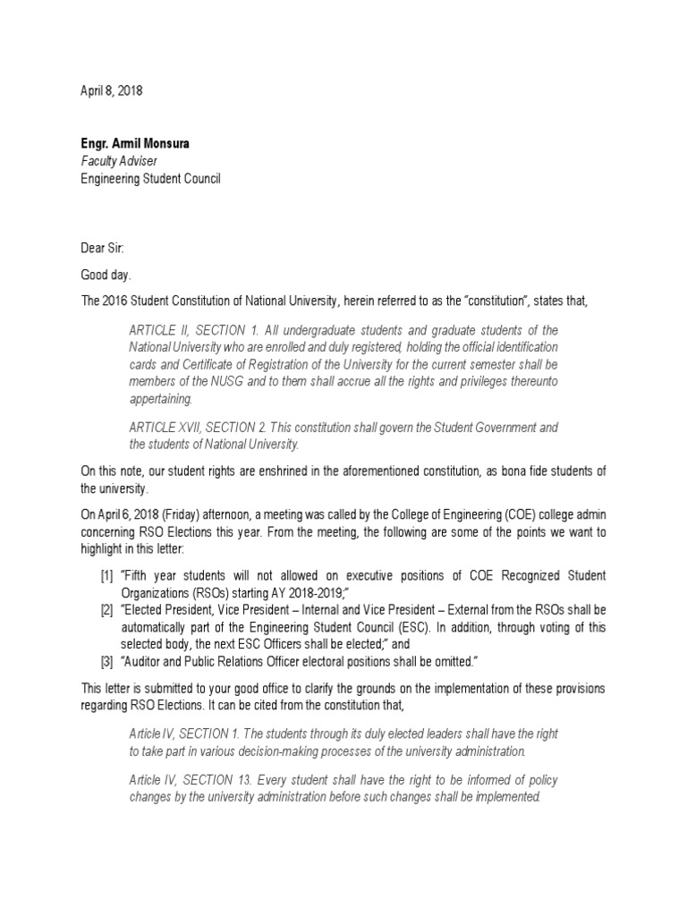 Letter Re ESC RSO Elections | PDF | Presidents Of The United States ...