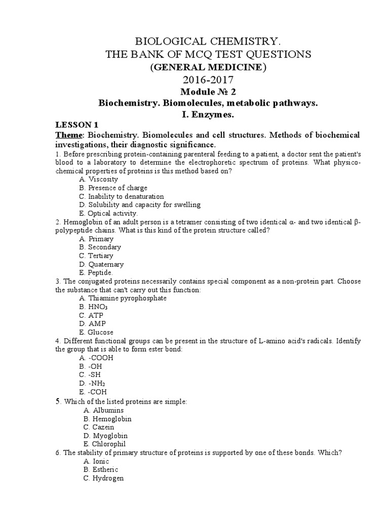 Biological Chemistry. The Bank of MCQ Test Questions) 2016-2017 | PDF ...