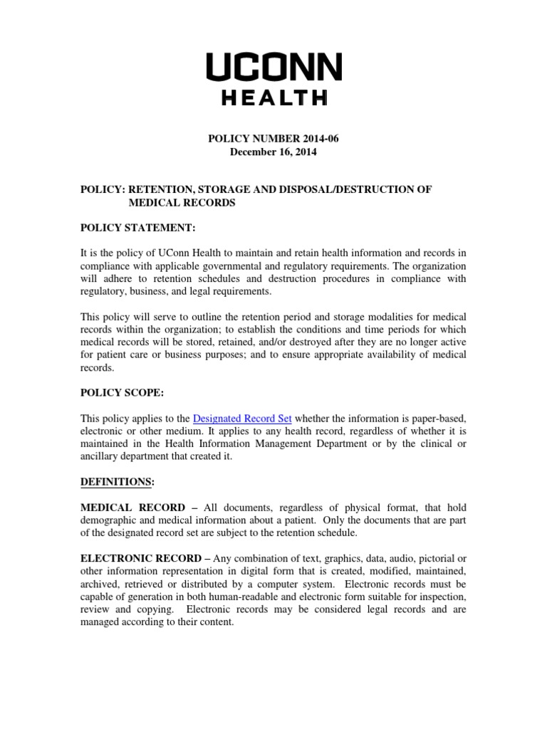 Retention, Storage and Disposal/destruction of Medical Records | PDF ...