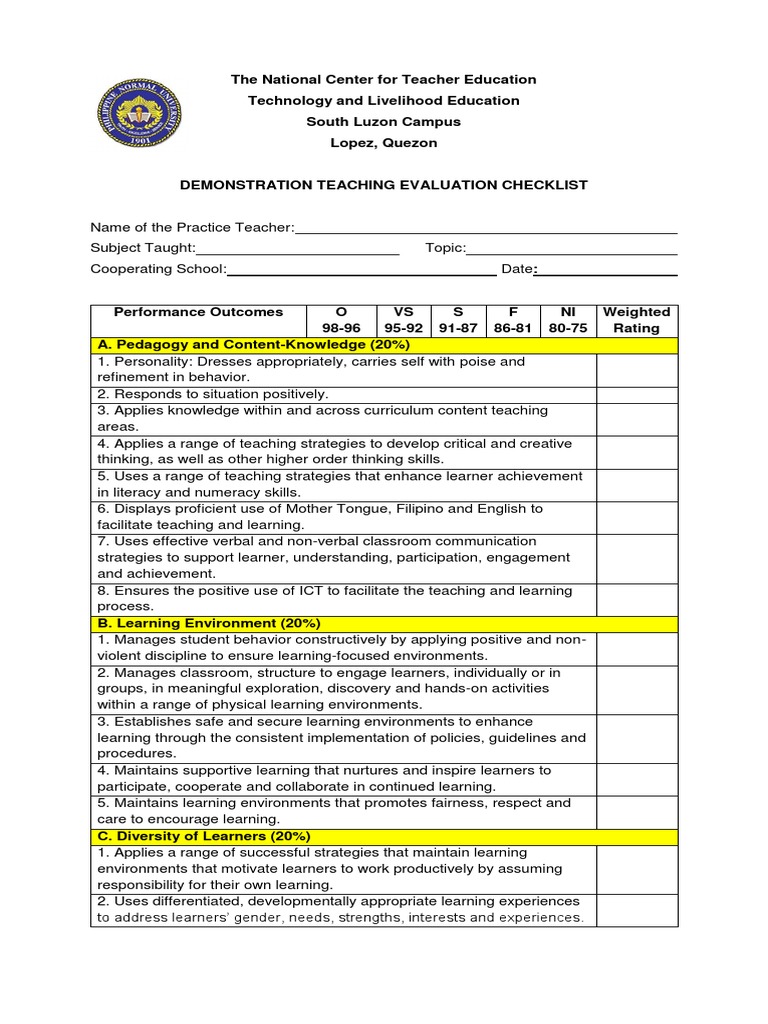 Demonstration Teaching Evaluation Checklist | PDF | Educational ...