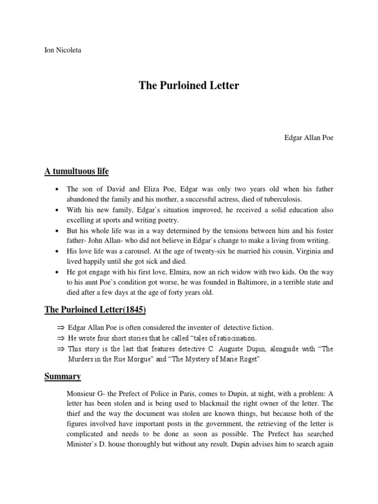 The Purloined Letter Handout1 | PDF | C. Auguste Dupin | Short Stories