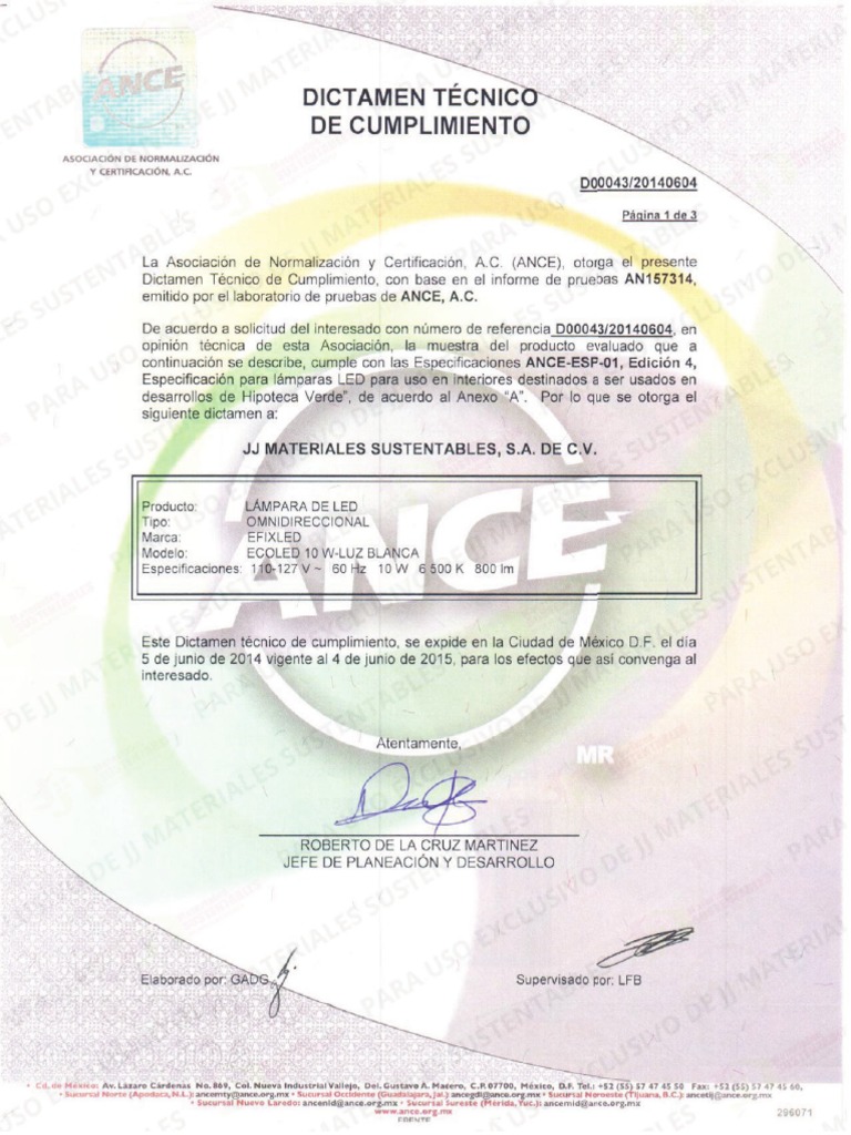 Certificado ANCE Efixpel | PDF
