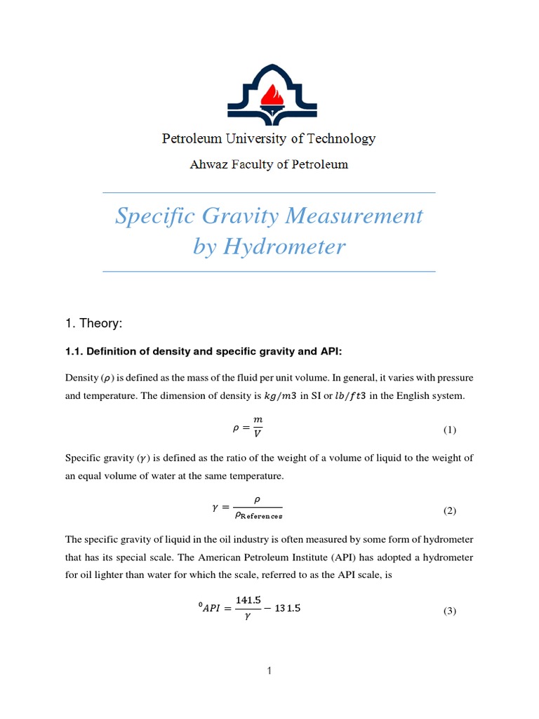 Specific Gravity Measurement by Hydrometer: 1. Theory | PDF | Density ...