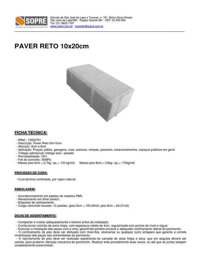 Ficha técnica e instruções de instalação do paver retangular de ...