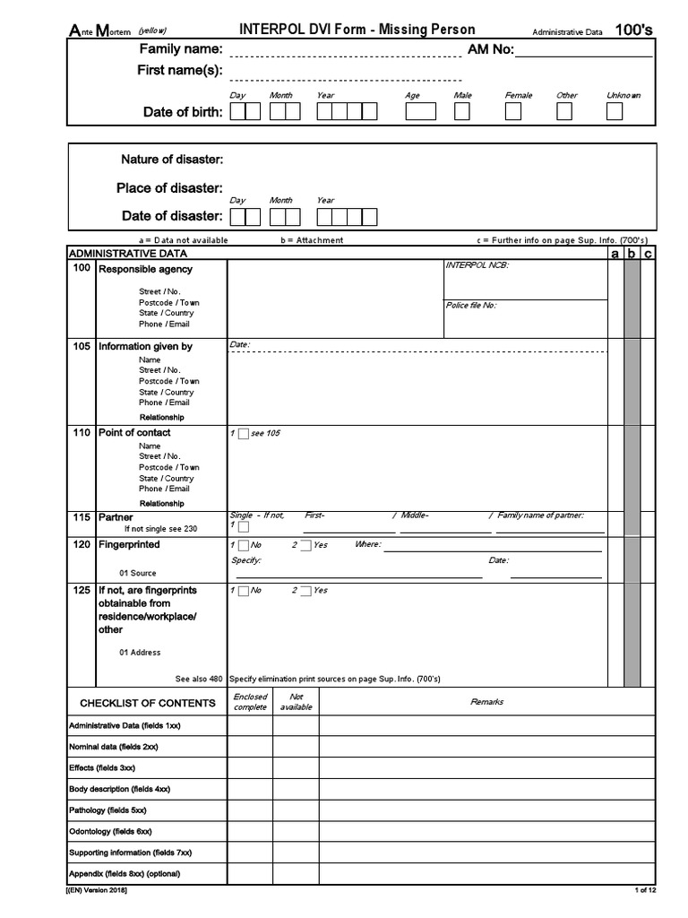 Ante Mortem (Yellow) INTERPOL DVI Form - Missing Person | PDF | Suit ...