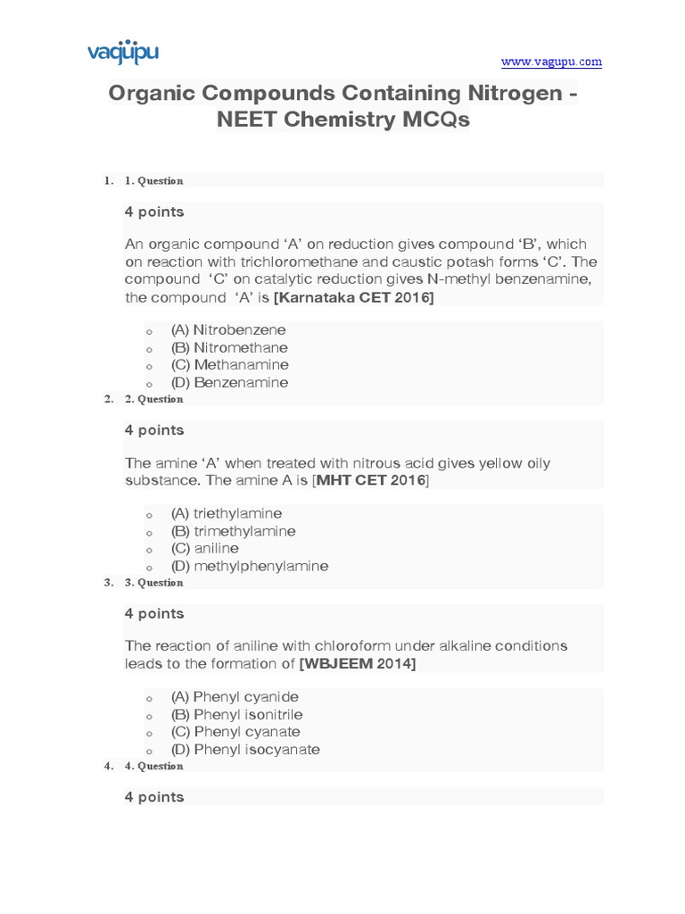 Amines Organic Compounds Containing Nitrogen NEET Chemistry MCQs 2 PDF | PDF