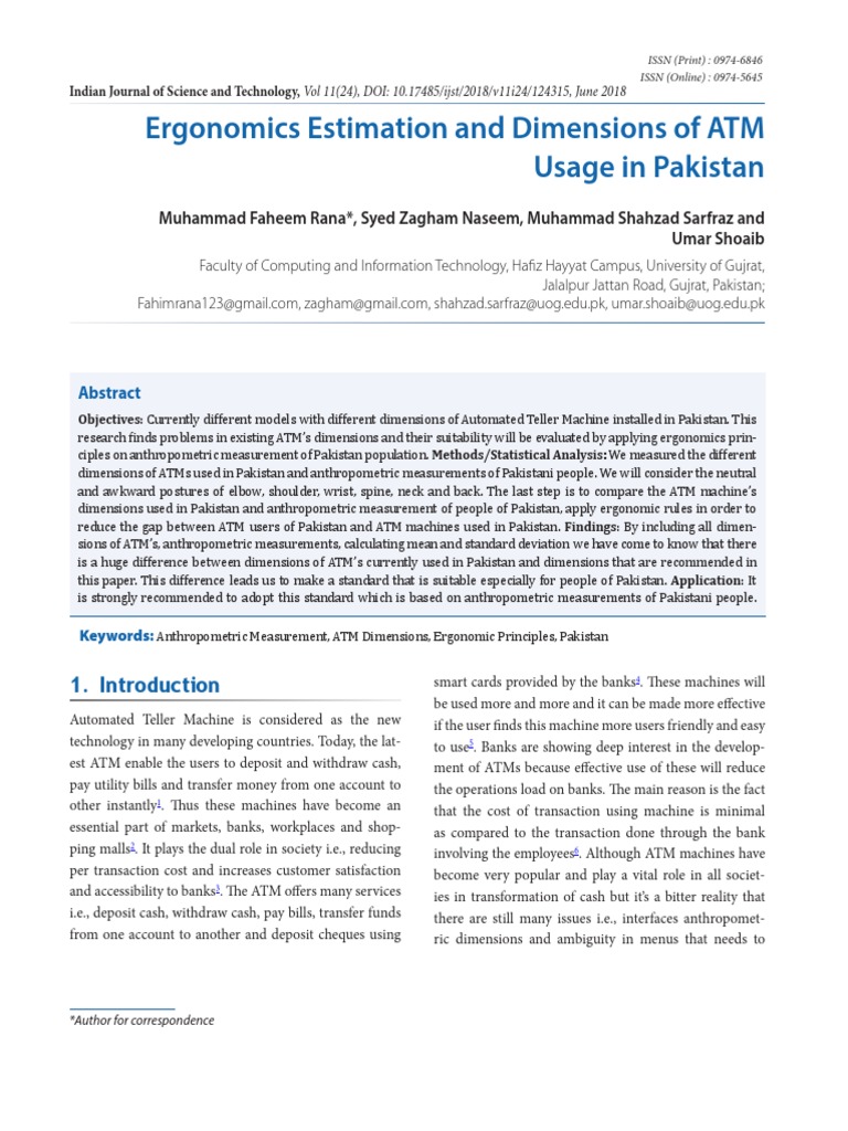 Ergonomics Estimation and Dimensions of ATM Usage in Pakistan | PDF ...